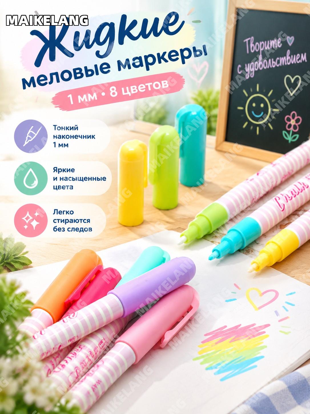 Маркеры жидкий мел 1 мм макарон 8 цветов, водные стираемые для доски, стекла и световых панелей PP для творчества