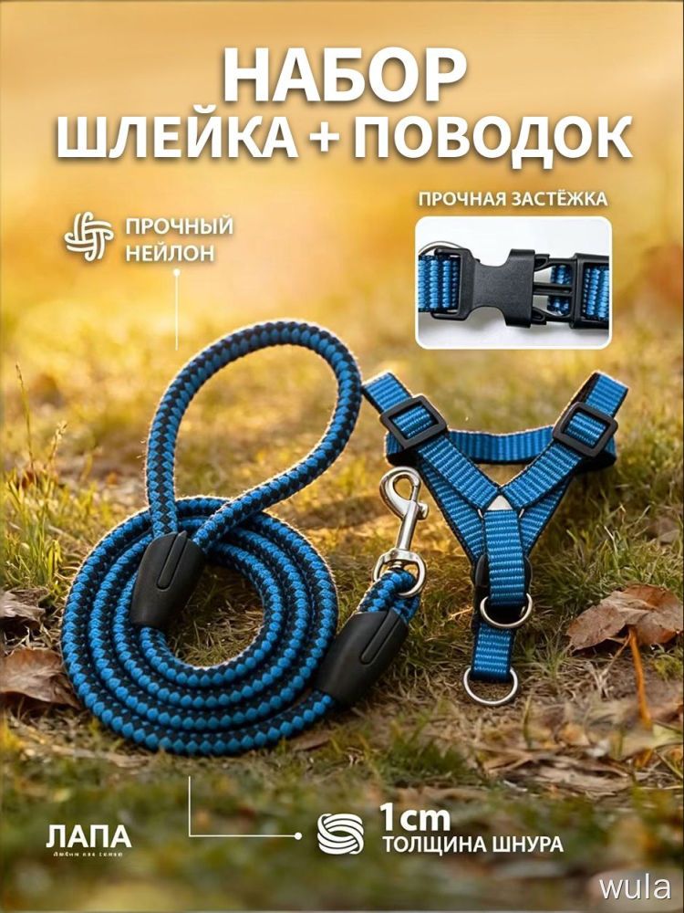 Синий Ошейник-жилет с поводком для мелких и средних пород собак Ширина 1 см, длина 120 см