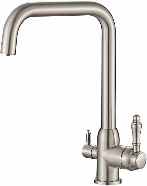 Смеситель для кухни Steel Hammer SH 725 SATIN с краном для питьевой воды, с поворотным изливом, глянцевый, однорычажный, сатин, латунный, с керамическим картриджем