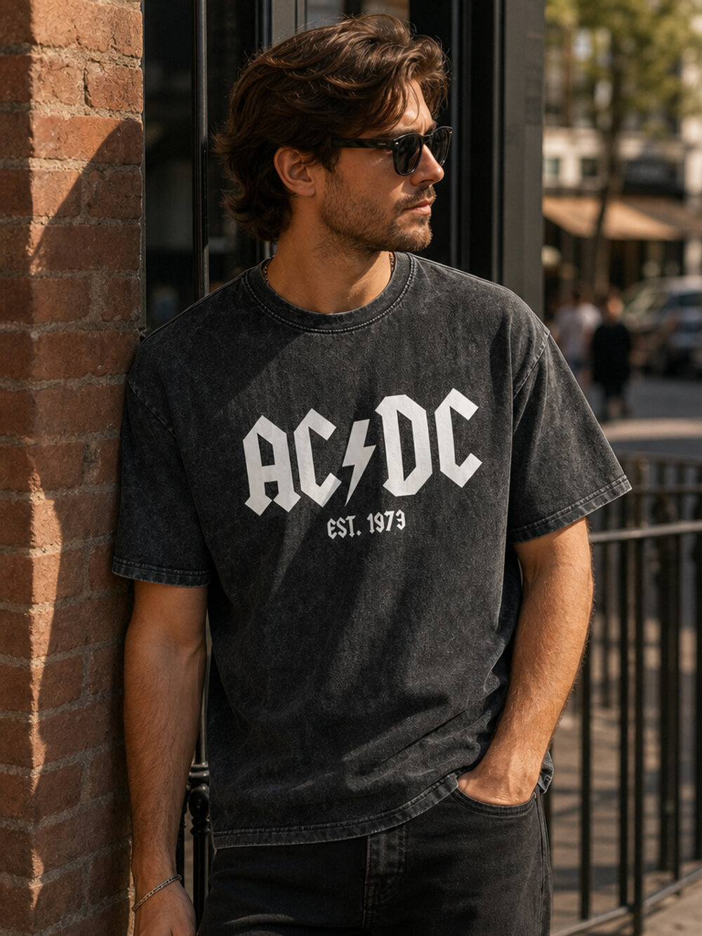 Чёрная футболка для мужчин с принтом AC/DC Est. 1973, хлопок, короткий рукав, размер M
