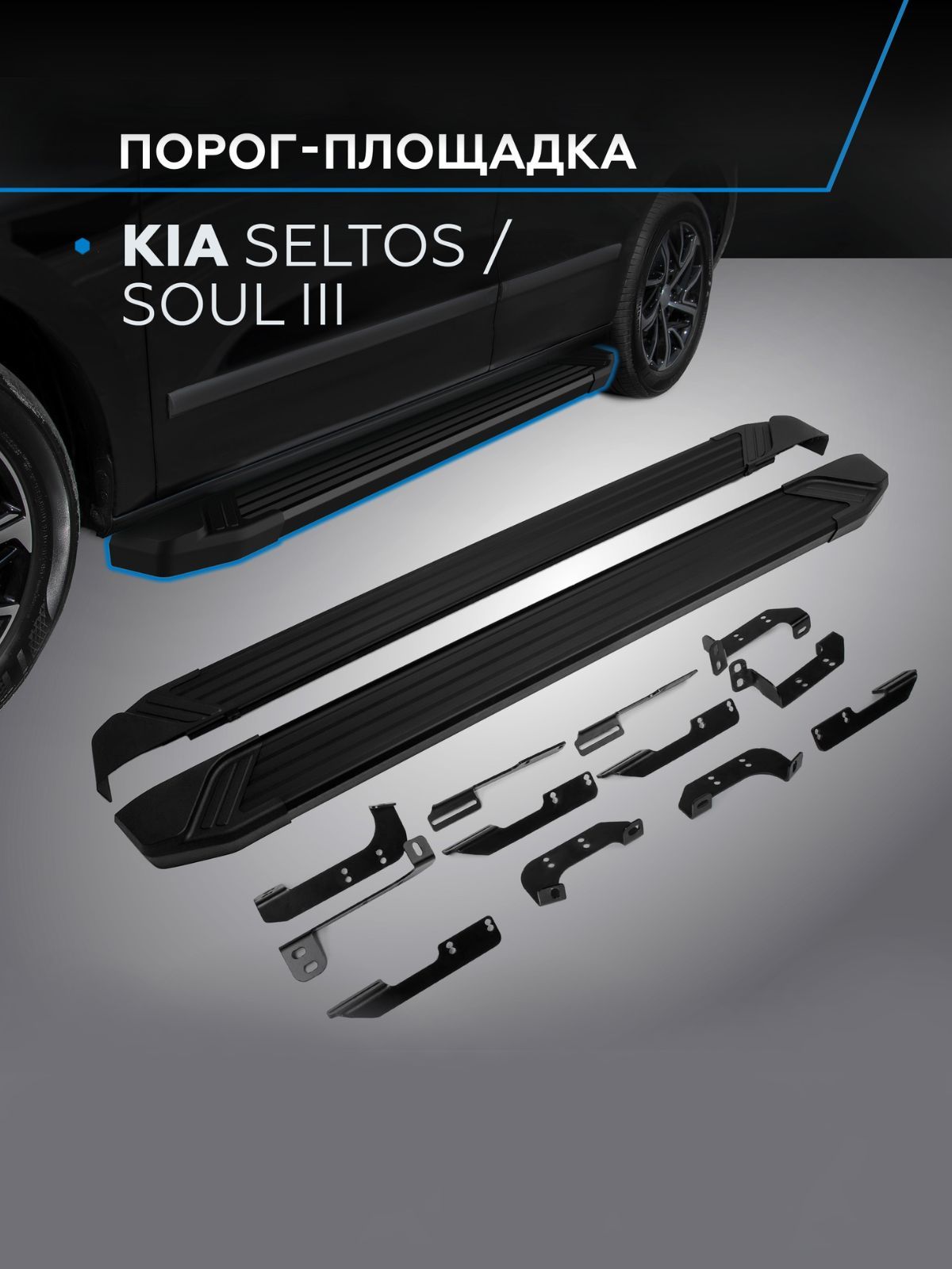Пороги подножки "Black" RIVAL для Kia Seltos 2019-/Kia Soul 2019-/Киа Селтос/Соул