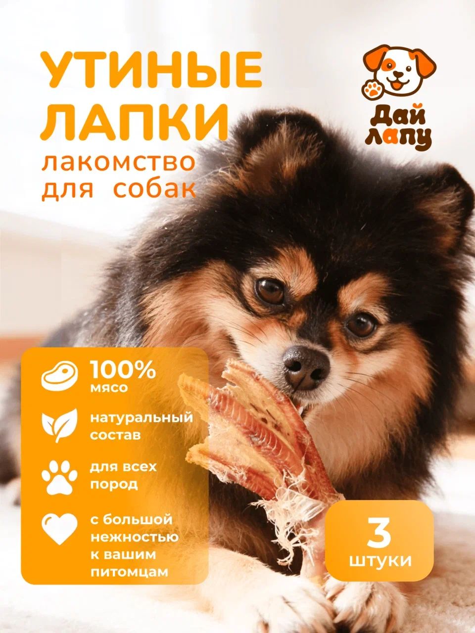 Утиные лапки сушенные 3 шт обработанные без когтей лакомство для собак ДАЙ лапу , вкусняшки для собак мелких, средних, крупных пород