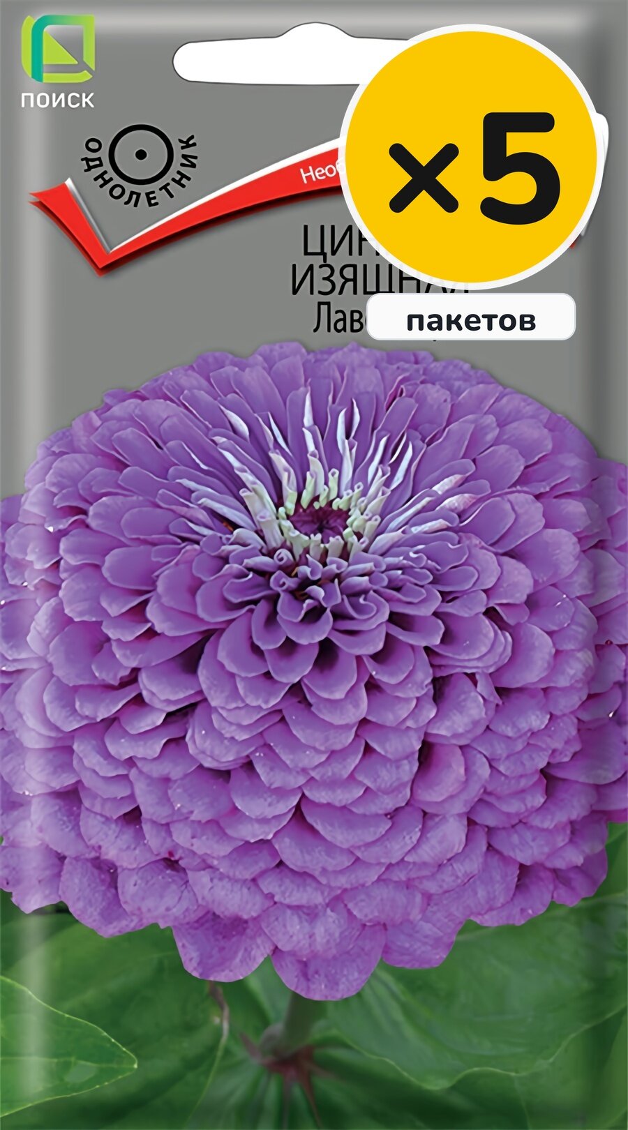 Семена циннии изящной Лавендер, 0,4 г, 5 пакетов, Поиск, однолетник, высота до 80 см, посев на рассаду в марте–апреле