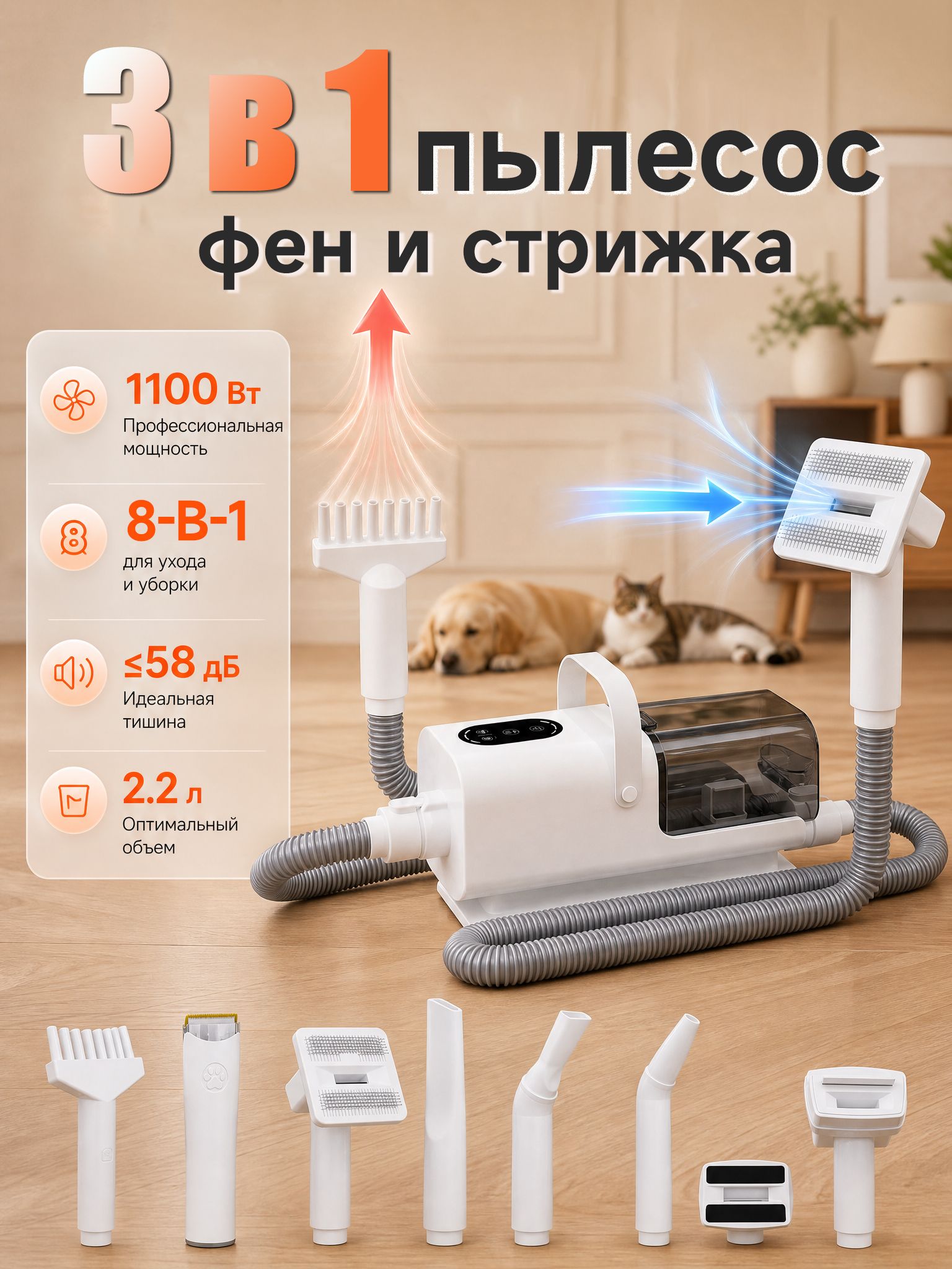 Набор для груминга 8 в 1 / набор для стрижки кошек и собак/ Фен и пылесос для шерсти