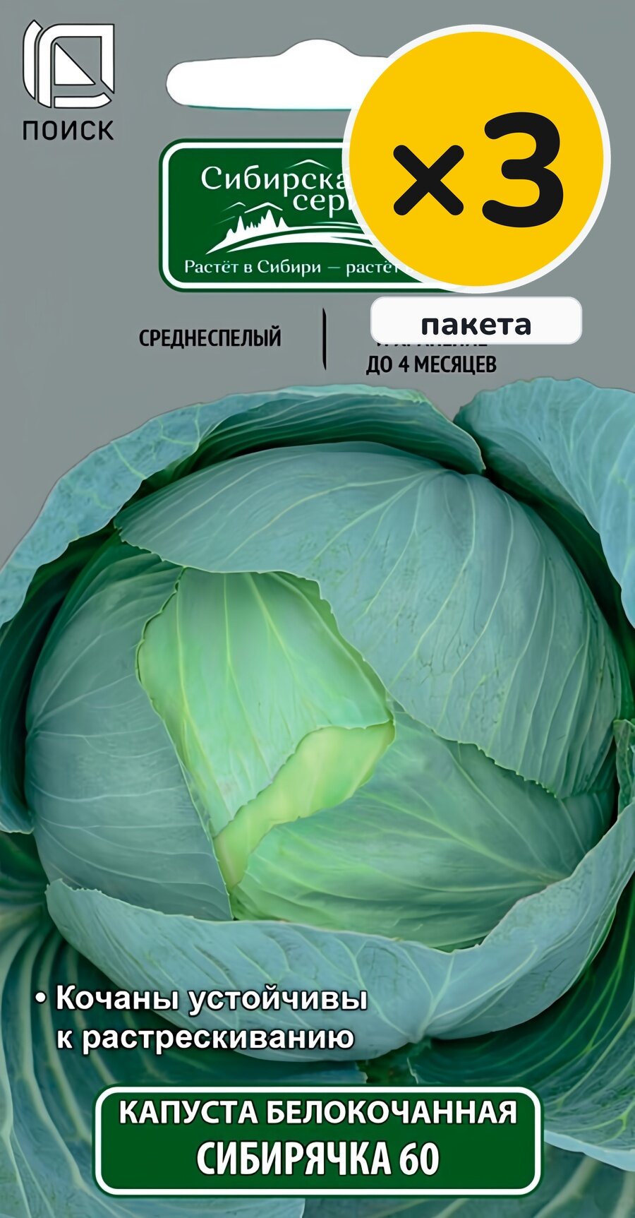 Семена капуста б/ка Сибирячка F1, 0,5 г, 3 пакета, Поиск, посев на рассаду в марте–апреле, для солнечных мест