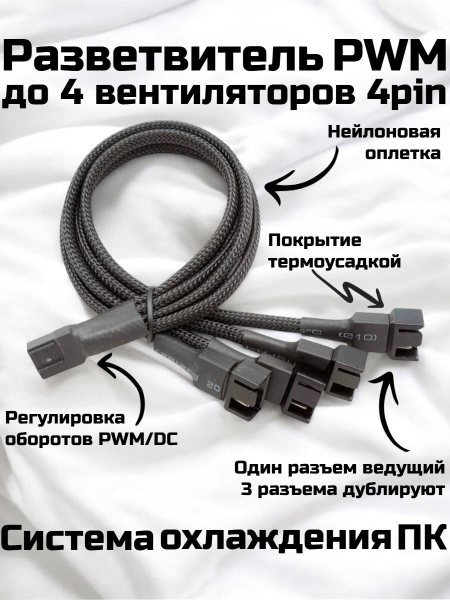 Разветвитель для 4 вентиляторов с PWM, 27 см, удлинитель питания 4pin (кулер, процессор, хаб, сплиттер, коннектор)