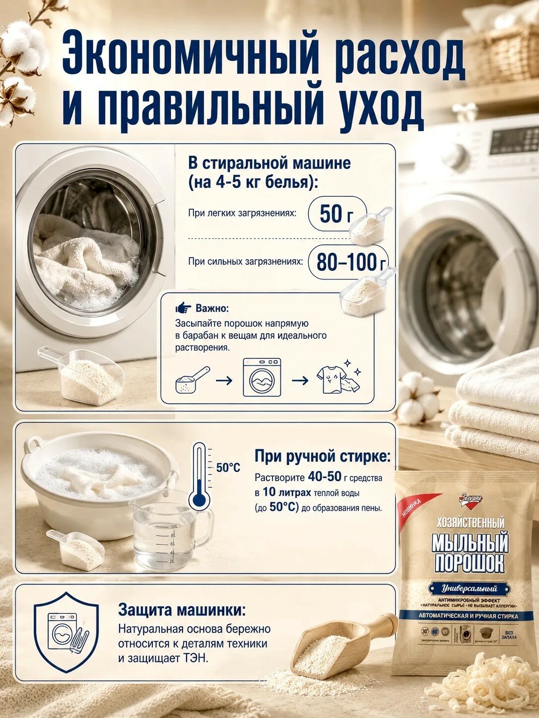 Хозяйственный мыльный порошок Золушка Универсальный для стирки белья, гипоаллергенный стиральный порошок из натурального мыла 250 г,