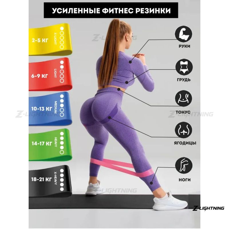 Резинка для фитнеса, набор 5 шт. Спортивный комплект эспандеров для спорта, йоги, пилатеса. Фитнес резинки цвет: разноцветный