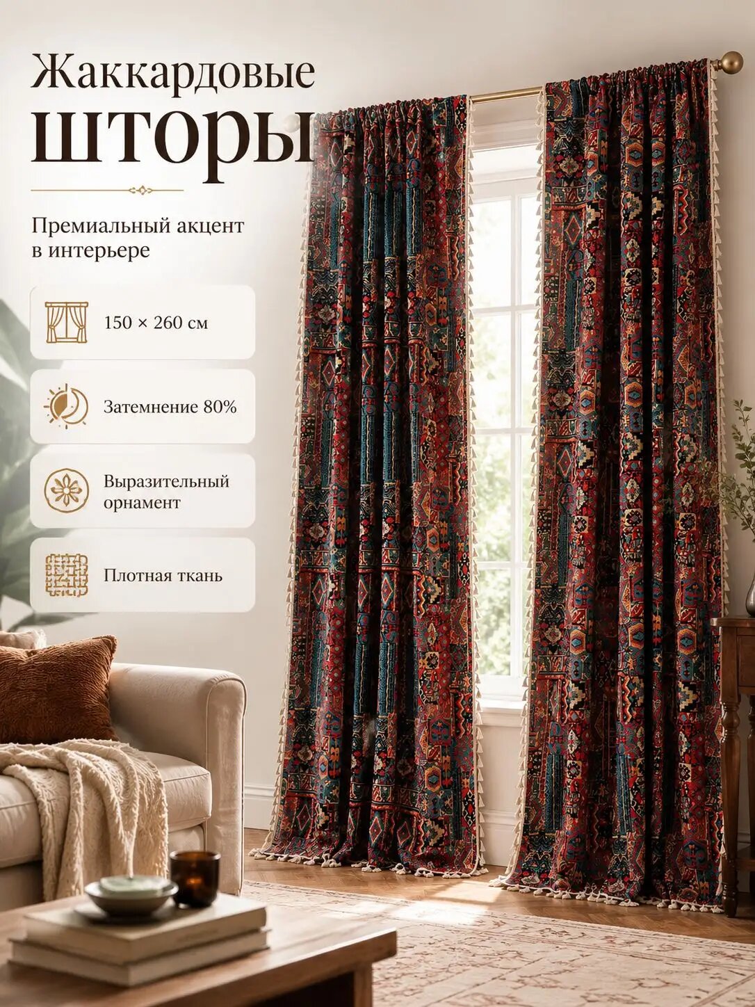 Штора на кулиске 150х260 см 1 шт портьера хлопок геометрический коричнево-красный