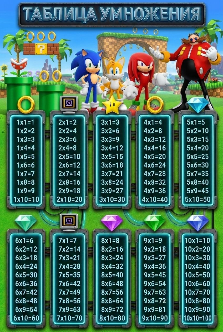 Плакат - Таблица умножения - Соник - Sonic