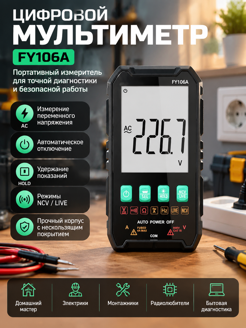 Цифровой мультиметр FY106A с ЖК-дисплеем, автоотключением и измерением переменного напряжения