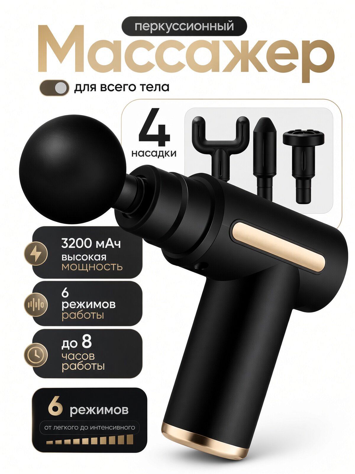 Перкуссионный массажер для тела электрический Mini Fascial Gun, Черный