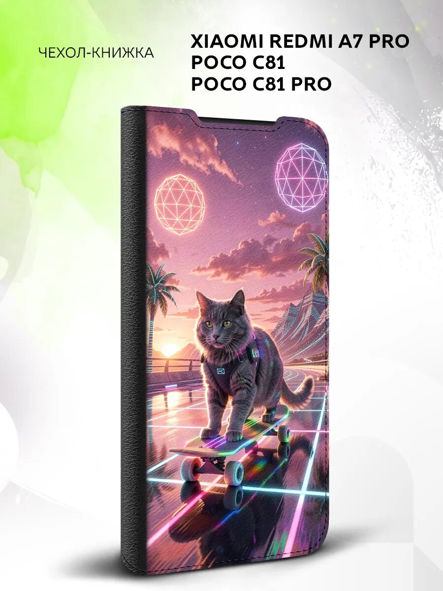 Чехол на Xiaomi Redmi A7 Pro/Poco C81/C81 Pro с рисунком кот скейтер неоновый