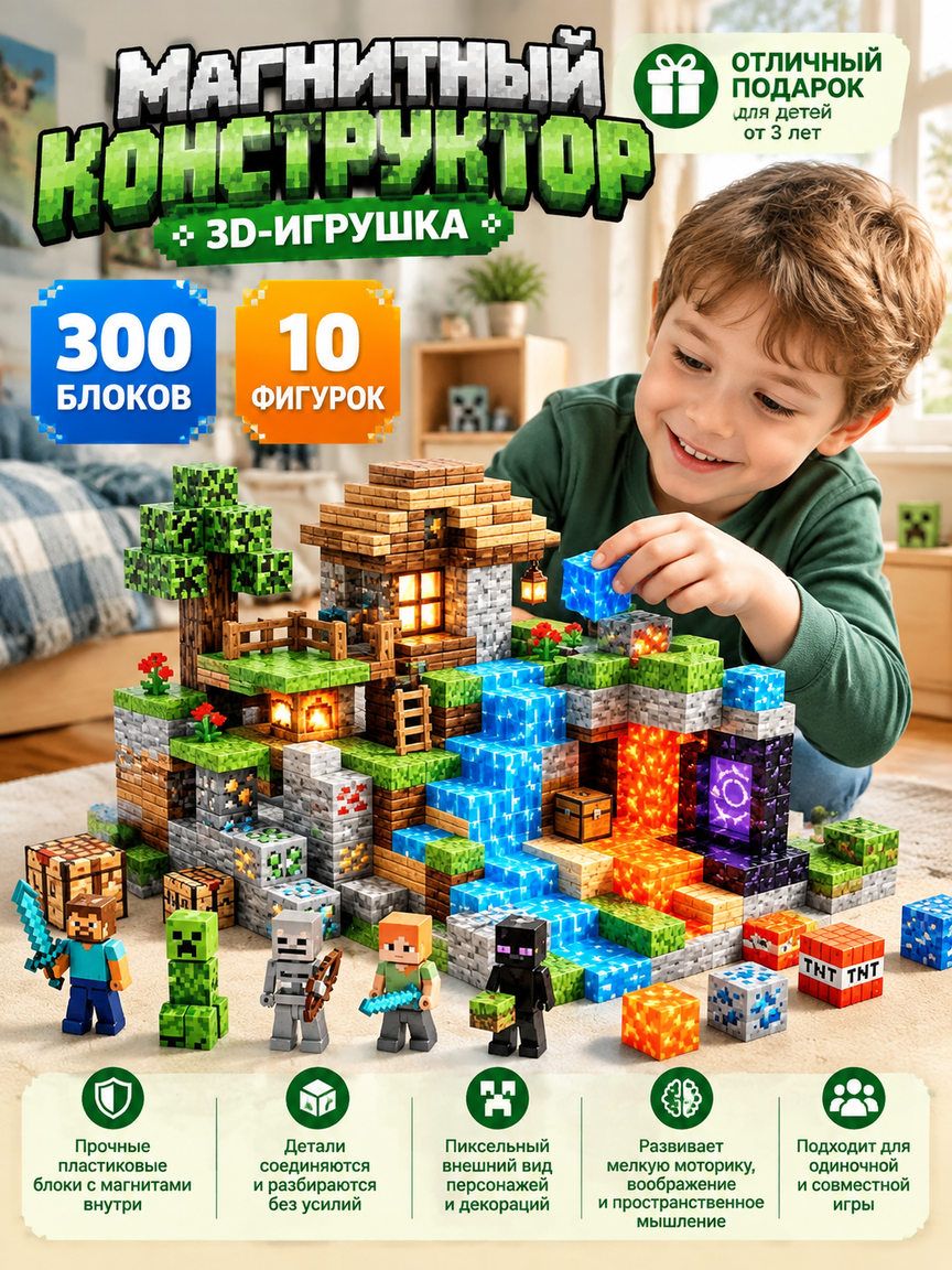 Магнитный конструктор 300 блоков и 10 фигурок, 3D-игрушка в подарок ребёнку от 3 лет