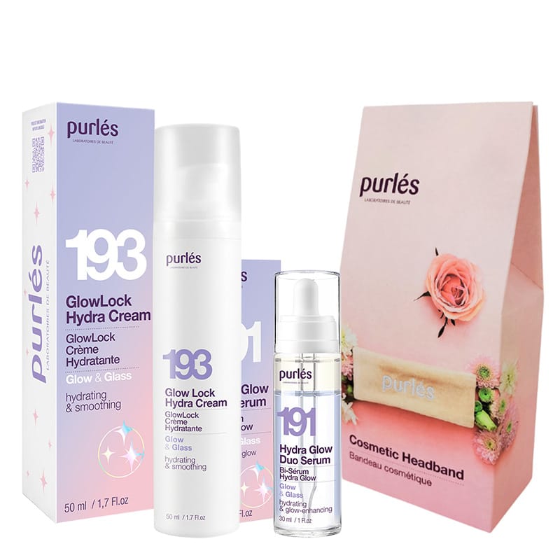 Набор уходовой косметики Purles Hydra Glow Duo Serum + GlowLock Hydra Cream + Косметическая повязка набор Двухфазная сыворотка с эффектом glow 30 мл + Интенсивно увлажняющий крем 50 мл + Повязка 1 шт