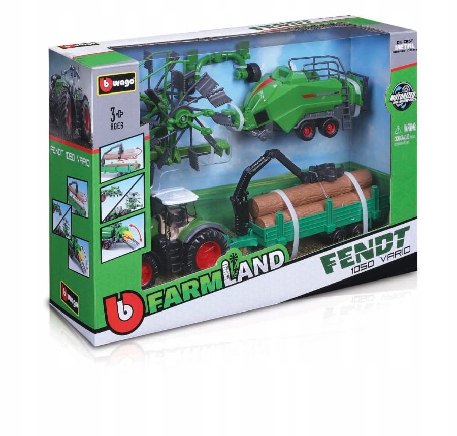 Игрушечная машинка Bburago Fendt 1050 Vario 18-31701, трактор с прицепом и аксессуарами