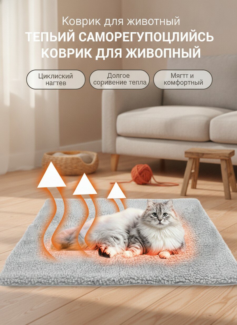 Самонагревающаяся подстилка для кошек и собак, серый альпака, 60x90 см, Теплая лежанка на зиму, Можно стирать