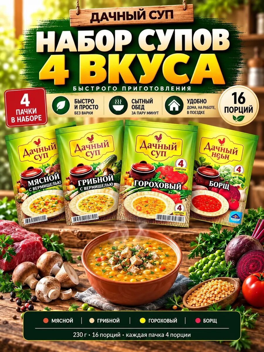 Набор супов 4 вкуса мясной грибной гороховый борщ 230г — супы быстрого приготовления