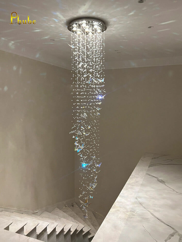Современная хрустальная люстра Phube Lighting K9 в форме бабочки, длинная хрустальная люстра-капля для лестницы, люстра для высоких потолков, большая люстра для фойе и входной зоны, с регулируемой яркостью.