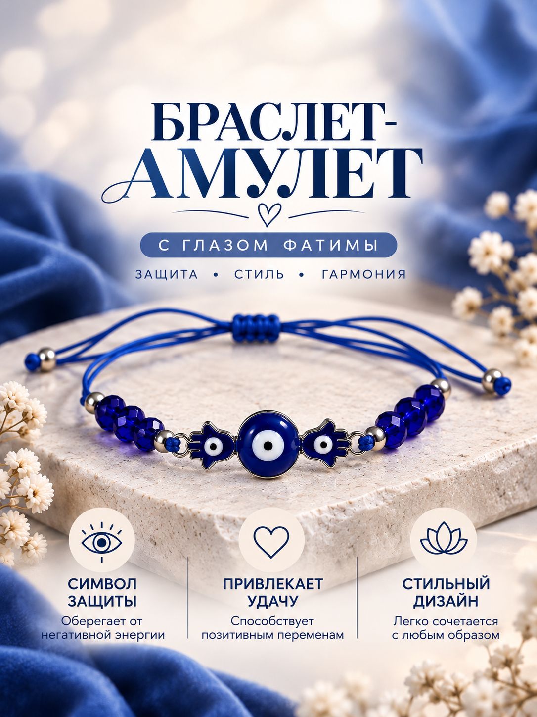 Браслет-оберег Глаз Фатимы и Рука Хамса, амулет от сглаза, на удачу, синий, регулируемый.