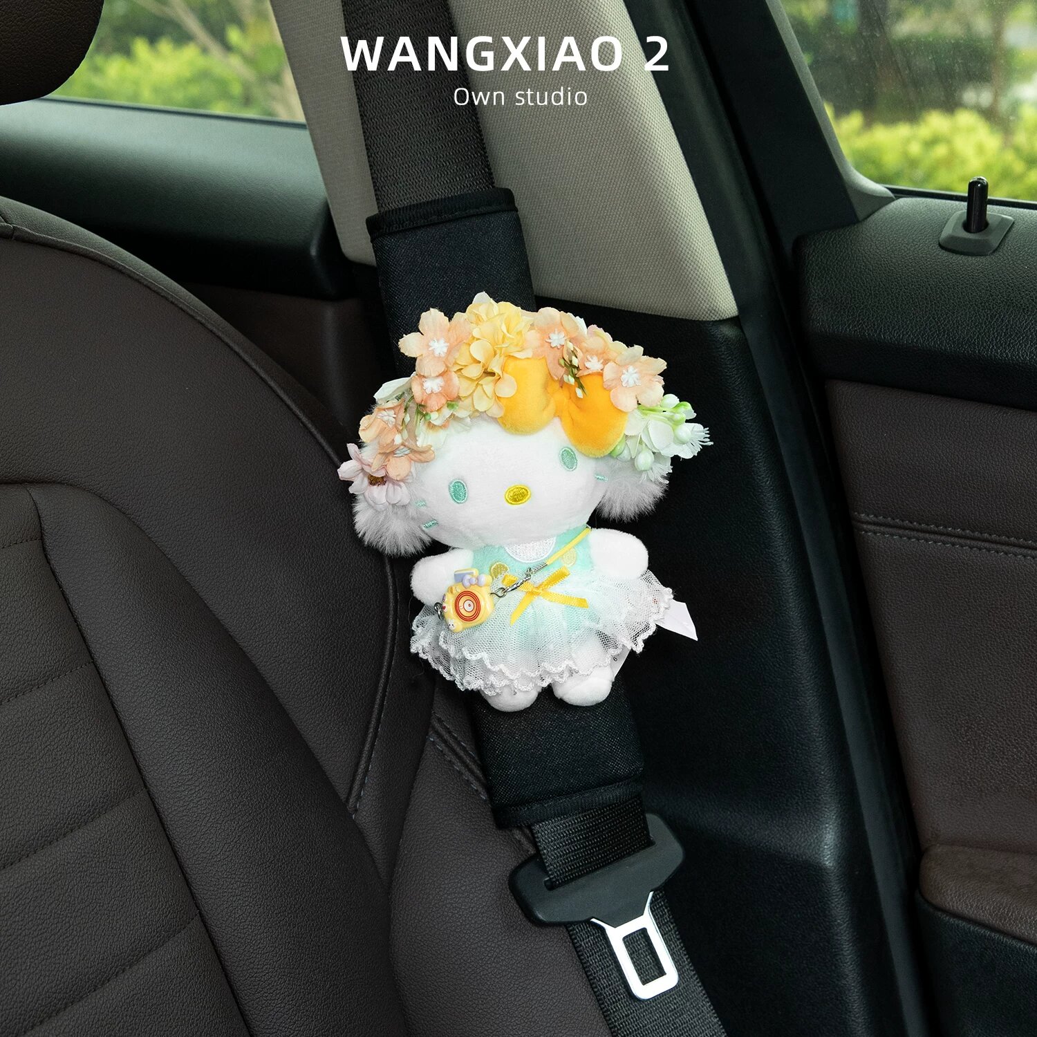 Hello Kitty автомобильный ремень безопасности с желтой заколкой и светло-зеленым рисунком, ткань из черного шелка