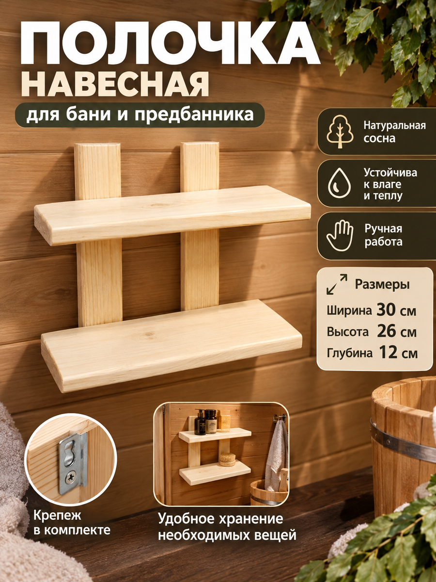 Навесная полочка для дома и бани, деревянная, влагостойкая, двухъярусная