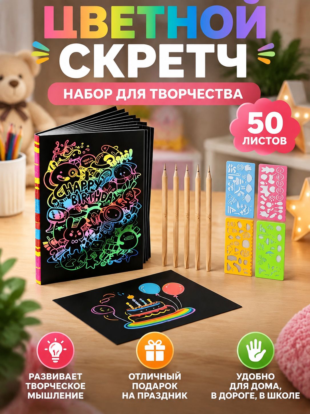 Радужные скретч-листы для рисования, набор для детского творчества с трафаретами и стилусами