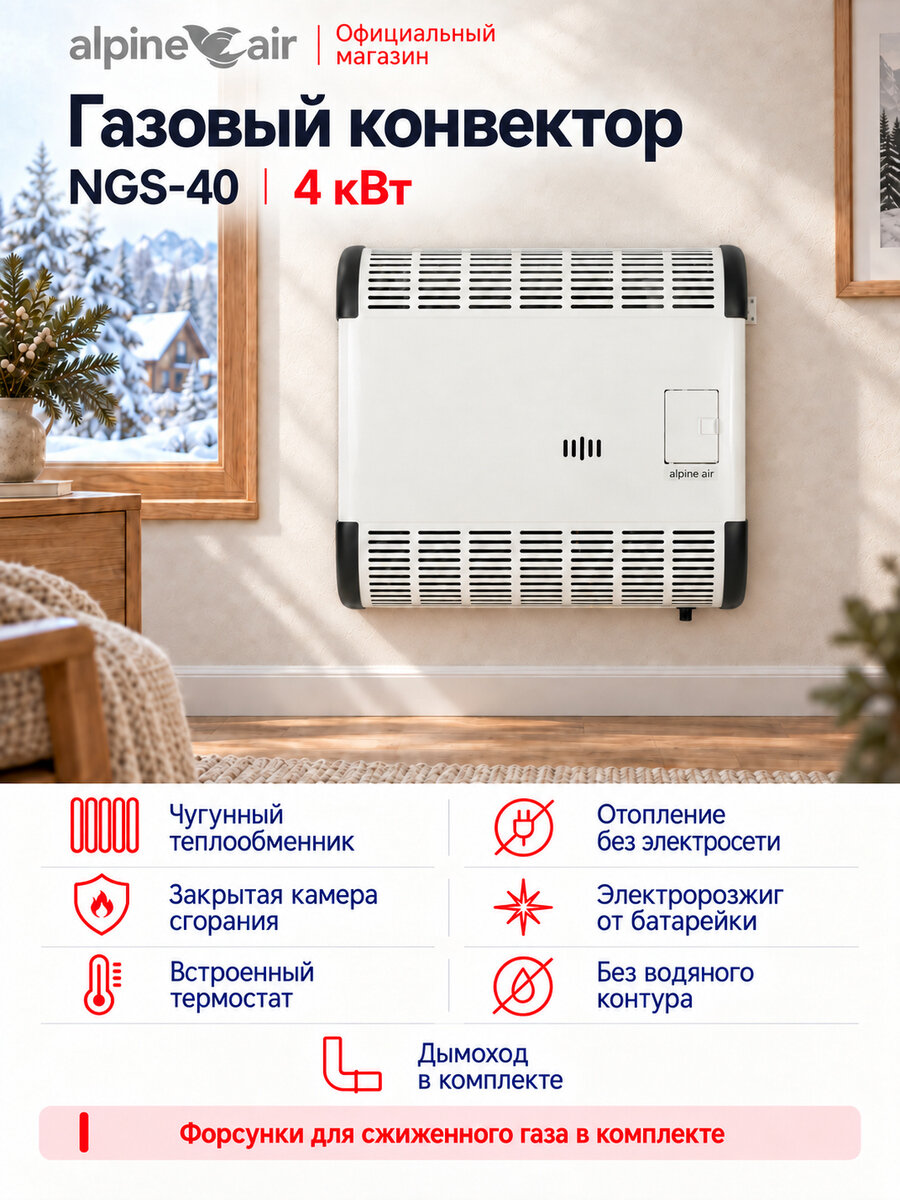 Газовый конвектор Alpine Air NGS-40 с чугунным теплообменником, мощность 4 кВт, без вентилятора