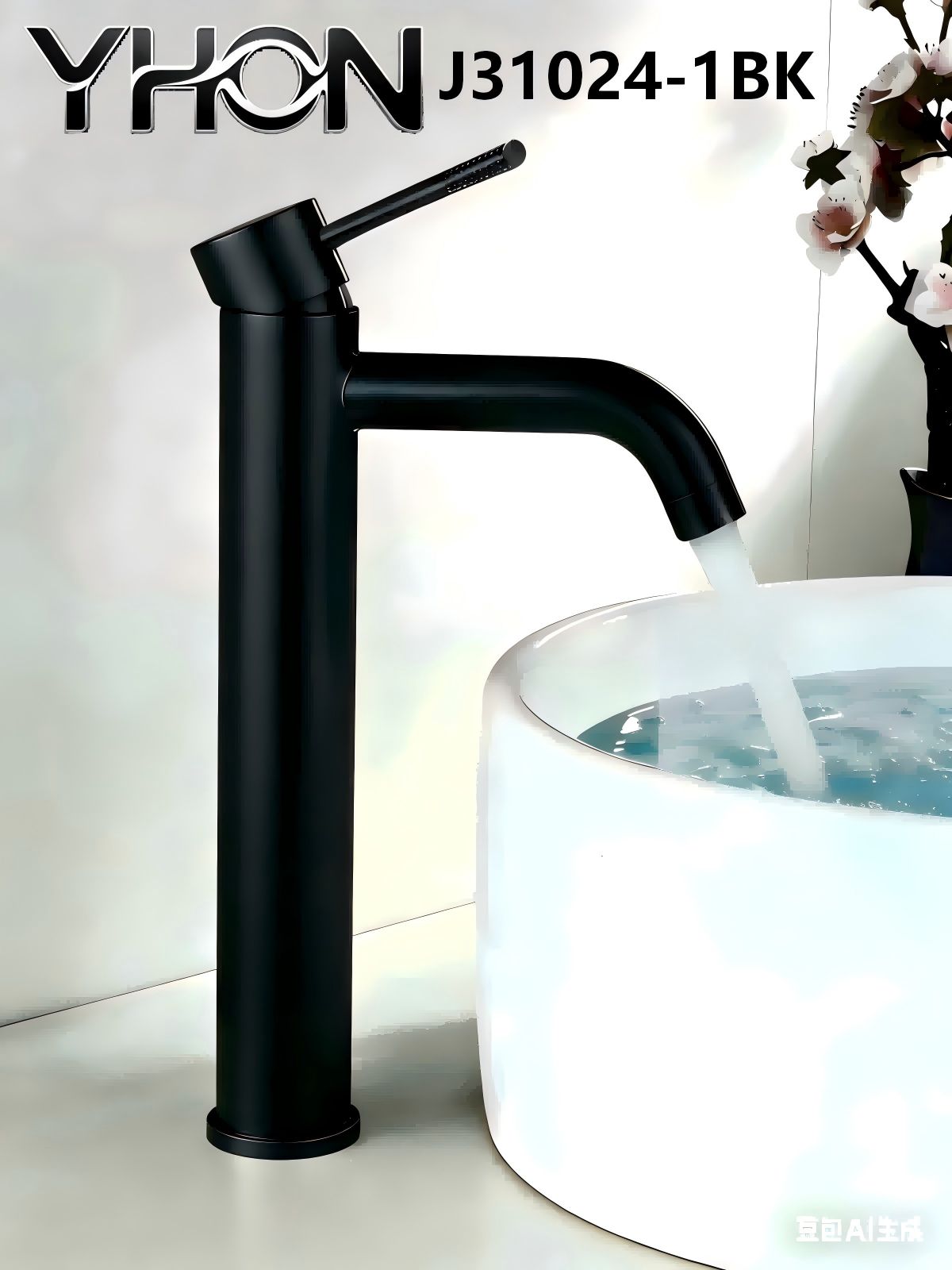 Смеситель YHON J31024-1BK, матовый черный для раковины на столешницу: Антикоррозийная сталь, высокий излив, керамический механизм, экономичный Современная эстетика