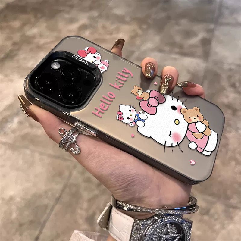 Чехол на Поко M6 Pro / Poco M6 Pro серо-бежевого оттенка с принтом Hello Kitty и медвежат, антиударный силиконовый чехол