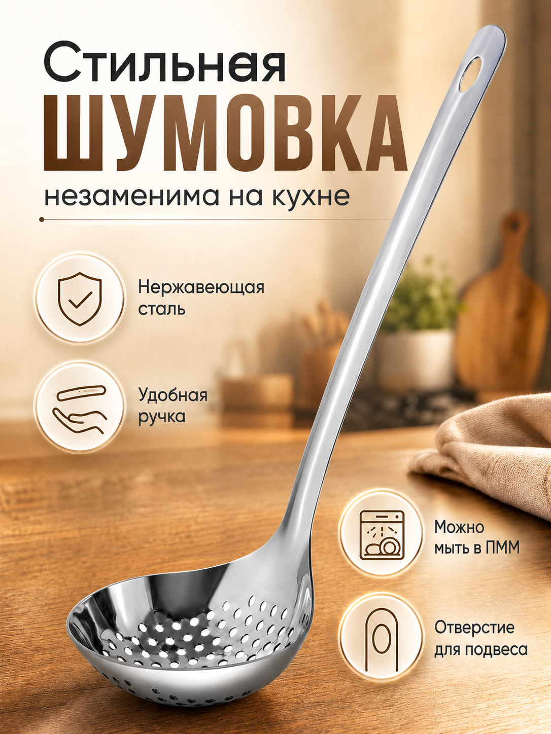 Половник шумовка стальная, размер 28 х 8 х 2.5 см / Шумовка глубокая, диаметр 8 х 2.5 см / Шумовка поварёшка