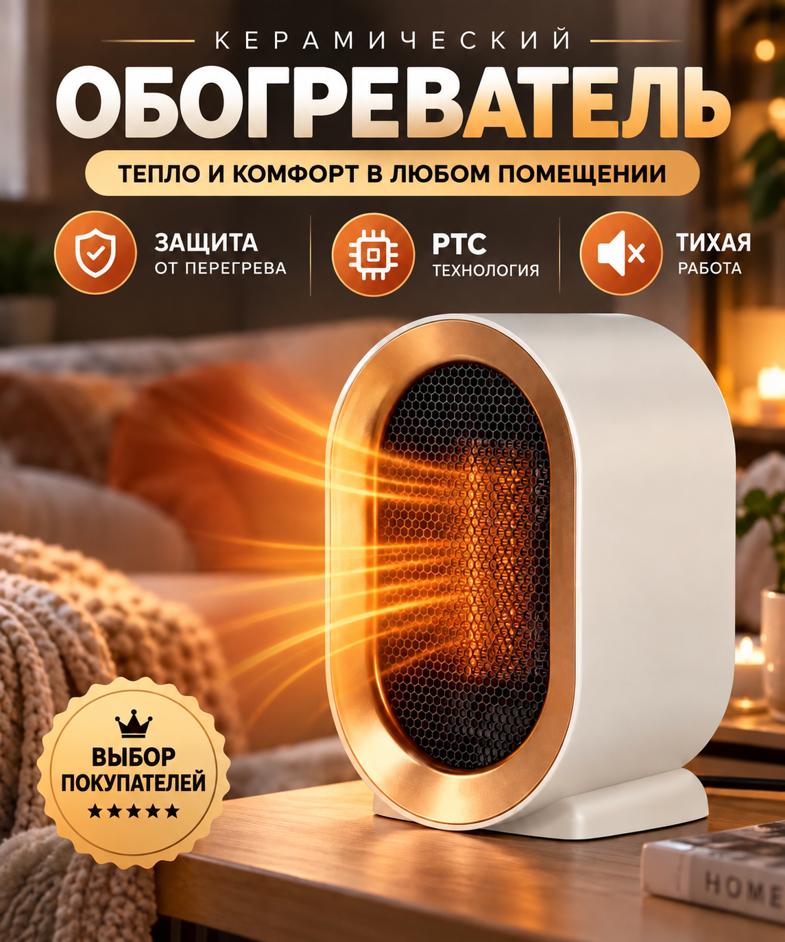 Электрический обогреватель для дома 1200Вт, тепловентилятор, настольный вентилятор