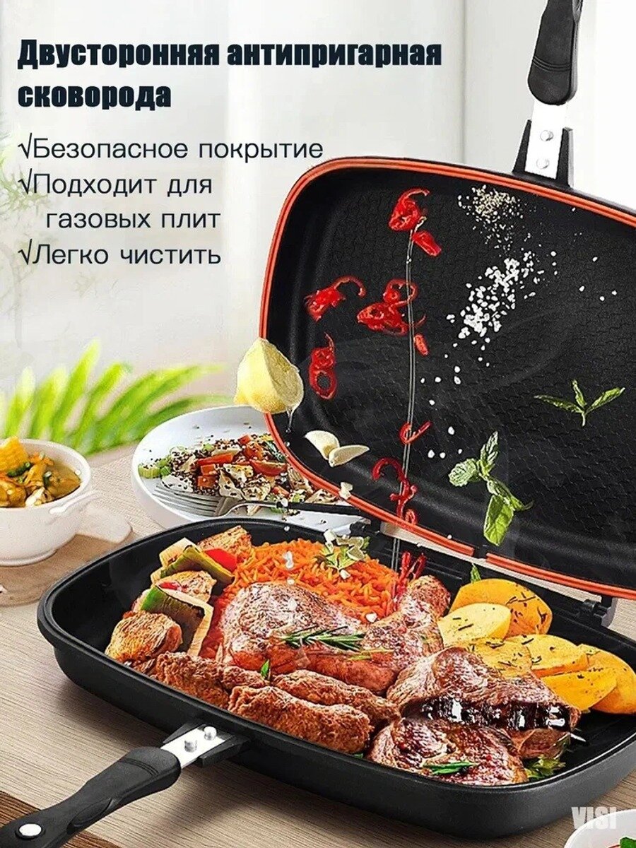 Сковорода-гриль двусторонняя антипригарная 36 см с крышкой и съемной ручкой