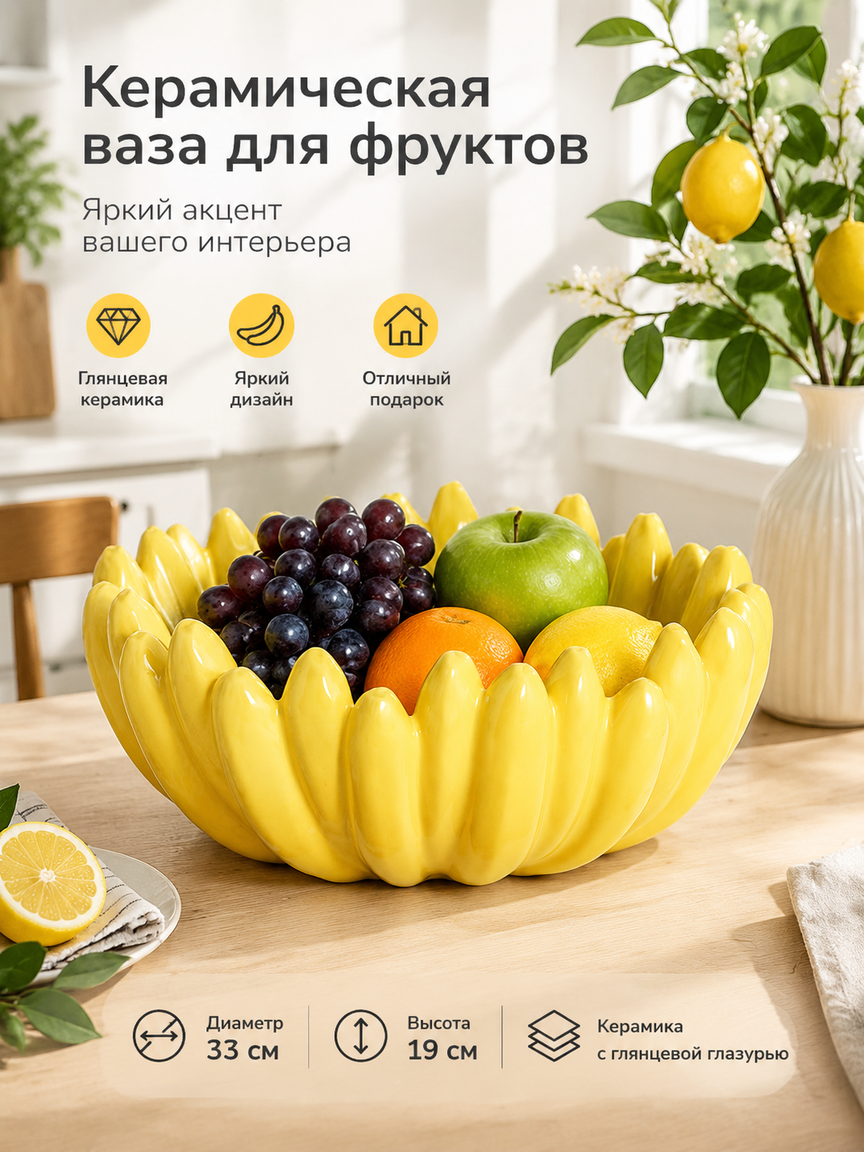Керамическая ваза для фруктов с банановым дизайном, желтая настольная чаша, подарок на новоселье