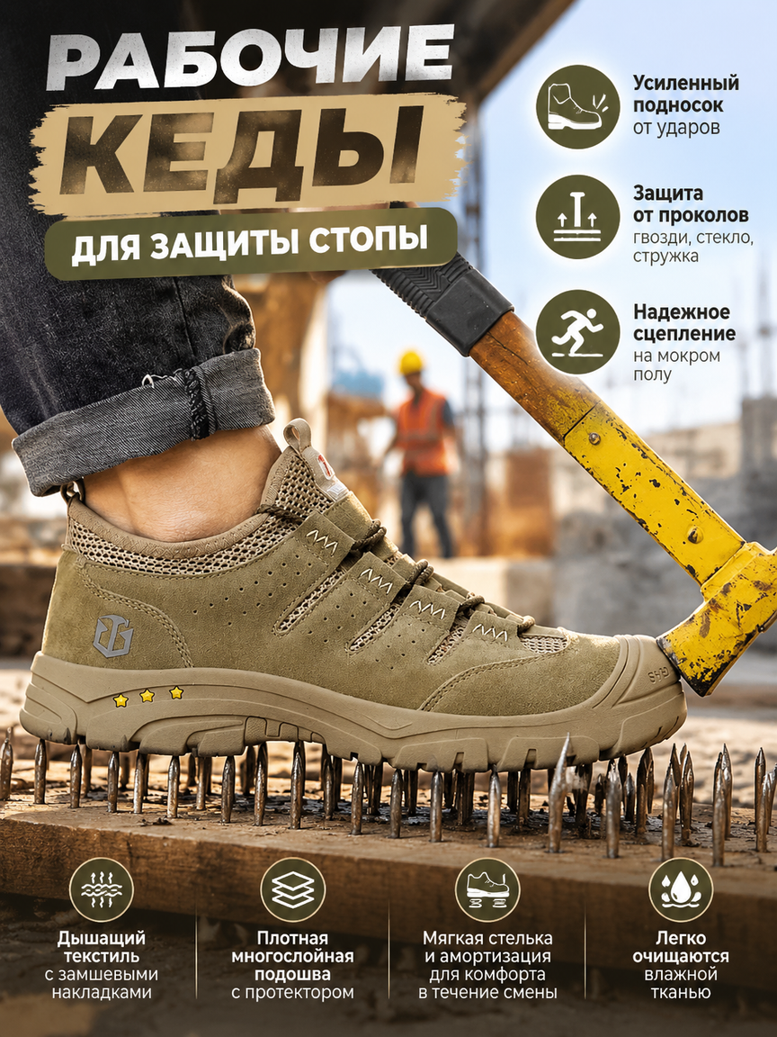 Рабочие кеды хаки для защиты стопы, унисекс, с усиленным подноском и защитой от прокола, размер 36