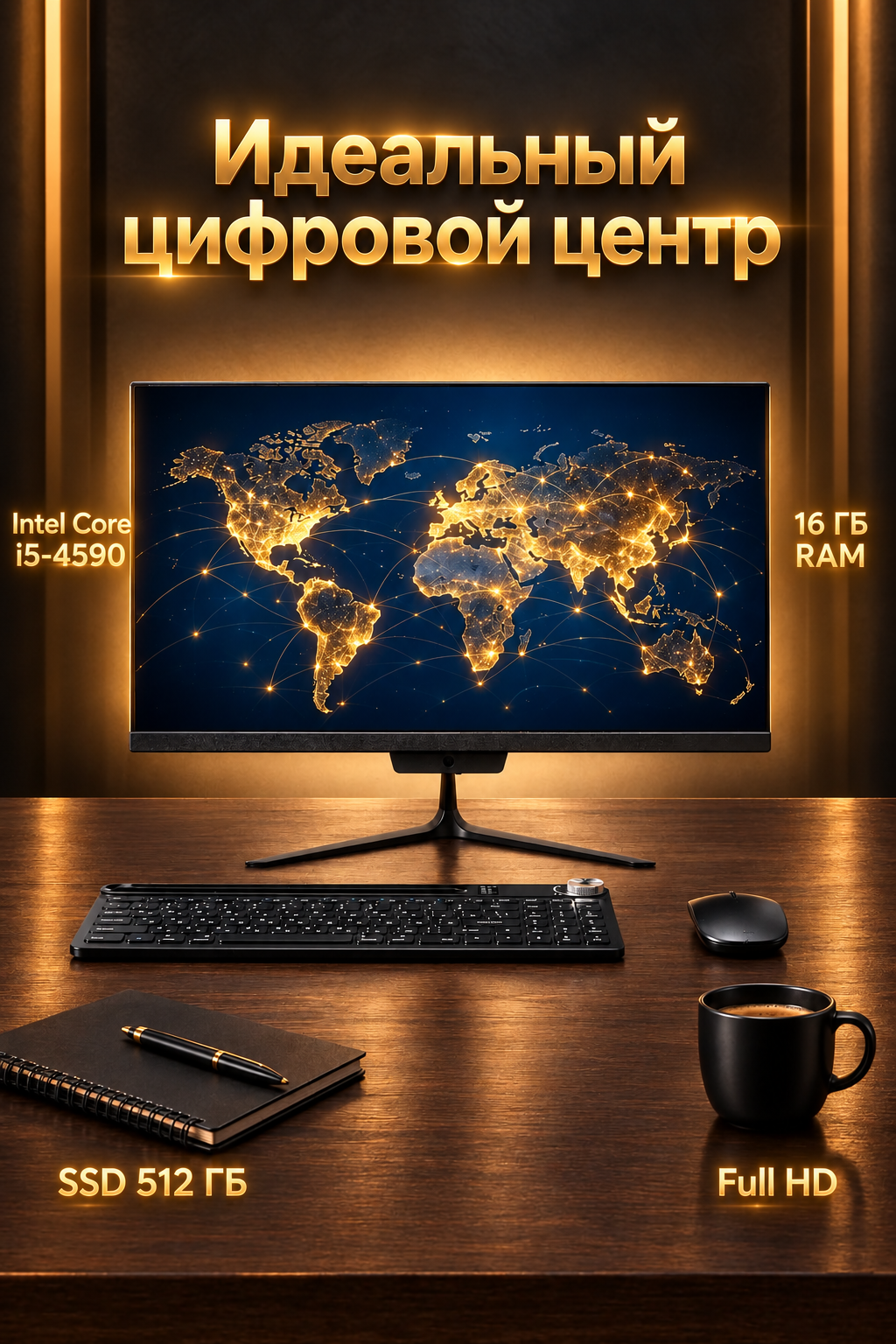Моноблок DWO 24 дюйма, Intel Core i5, Windows 11pro, SSD 512ГБ, RAM 16ГБ, черный