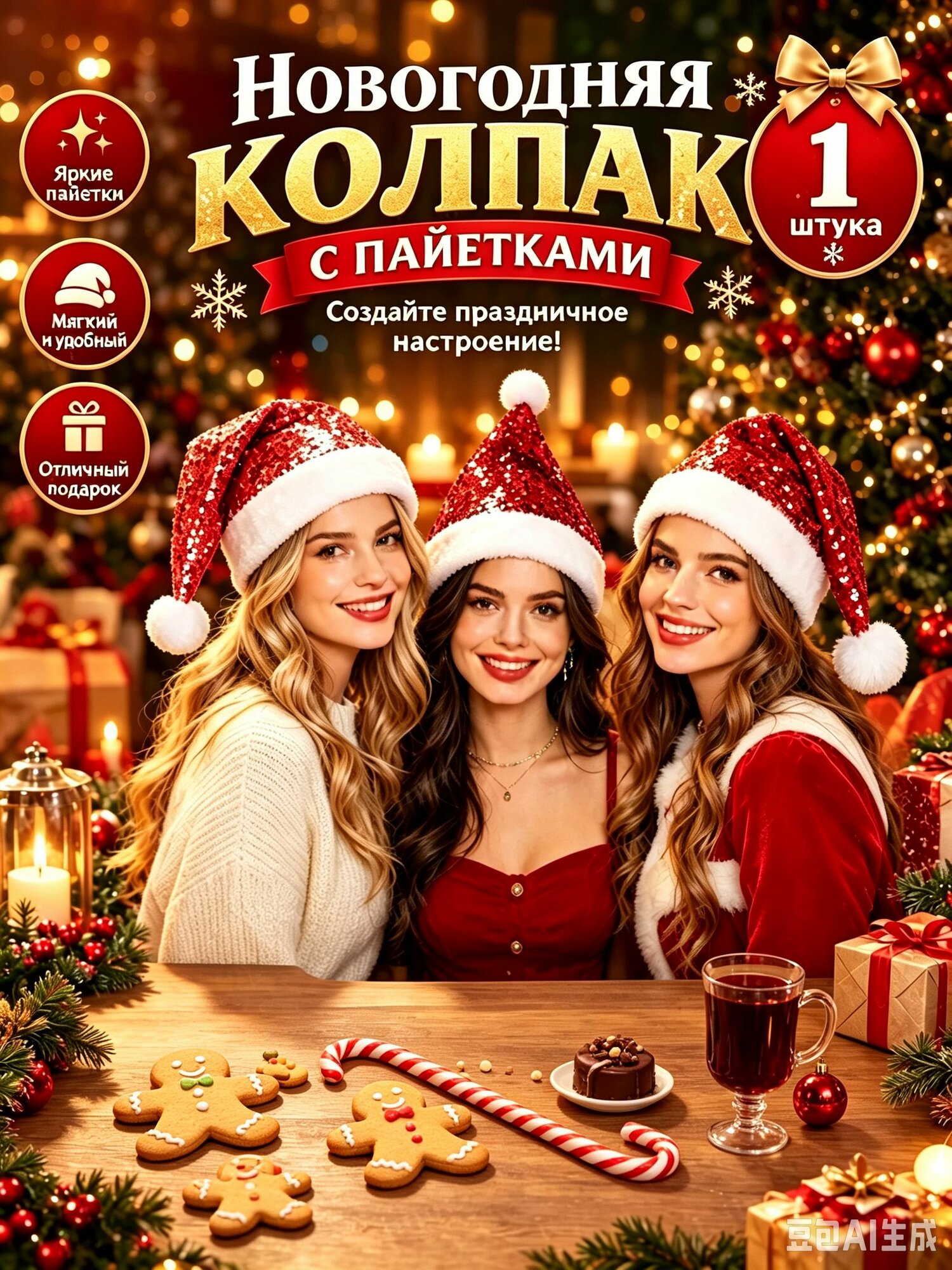 Красный блестящий колпак Санты с пайетками для взрослых, новогодняя шапка с помпоном