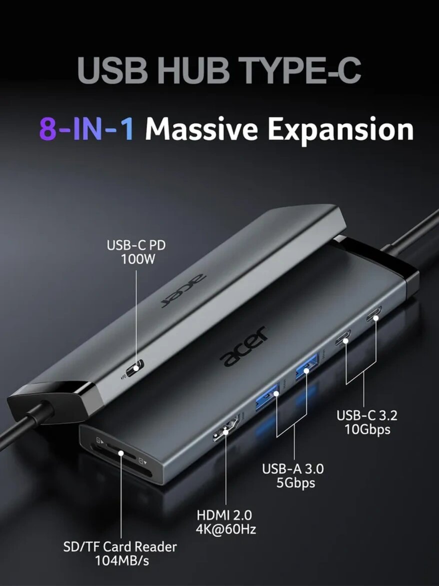 Концентратор Acer USB Type-C 8 в 1: HDMI 2.0 4K 60Hz, USB 3.0 и 3.2, кардридер SD/TF, PD 100W