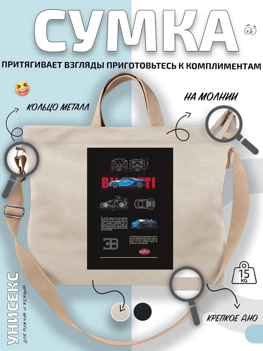 Сумка шоппер  Bugatti Veyron blue supercar print