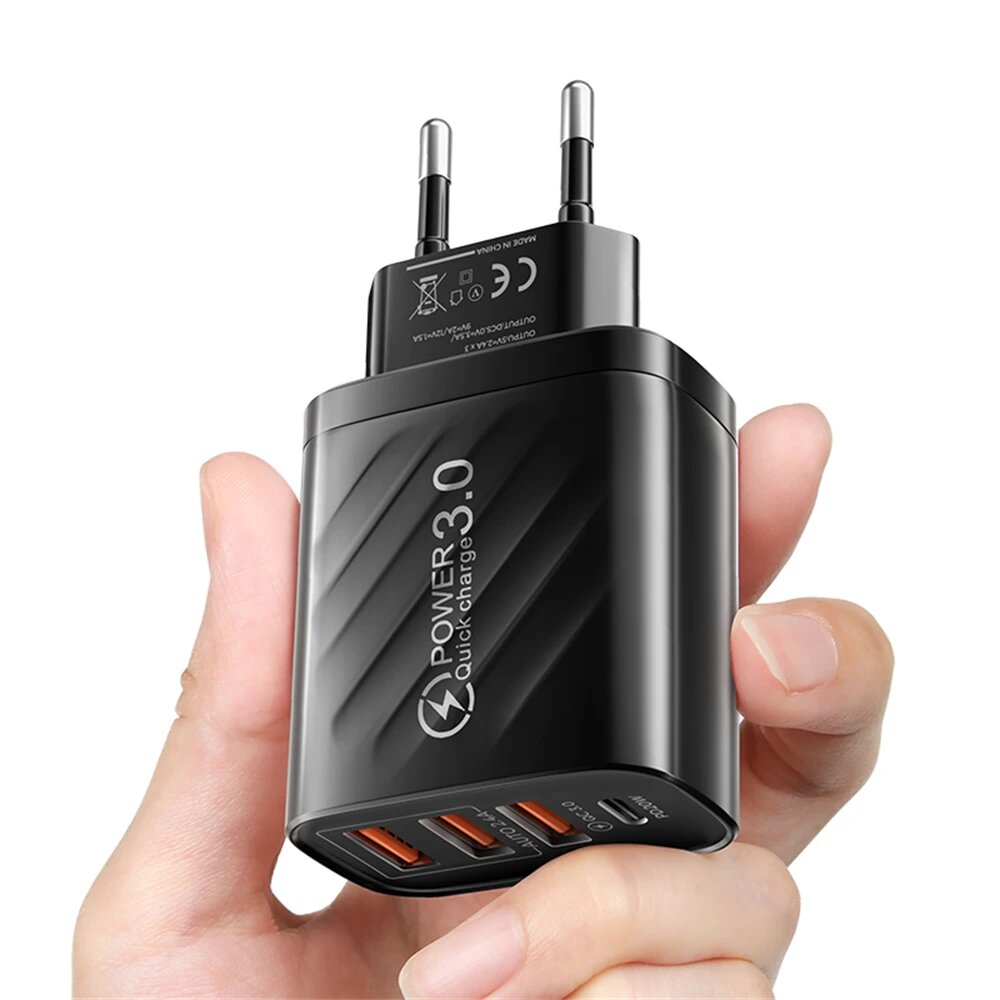 48 Вт 4-портовое зарядное устройство для телефона USB Quick Charge 3.0 Тип C Черный, EU Black