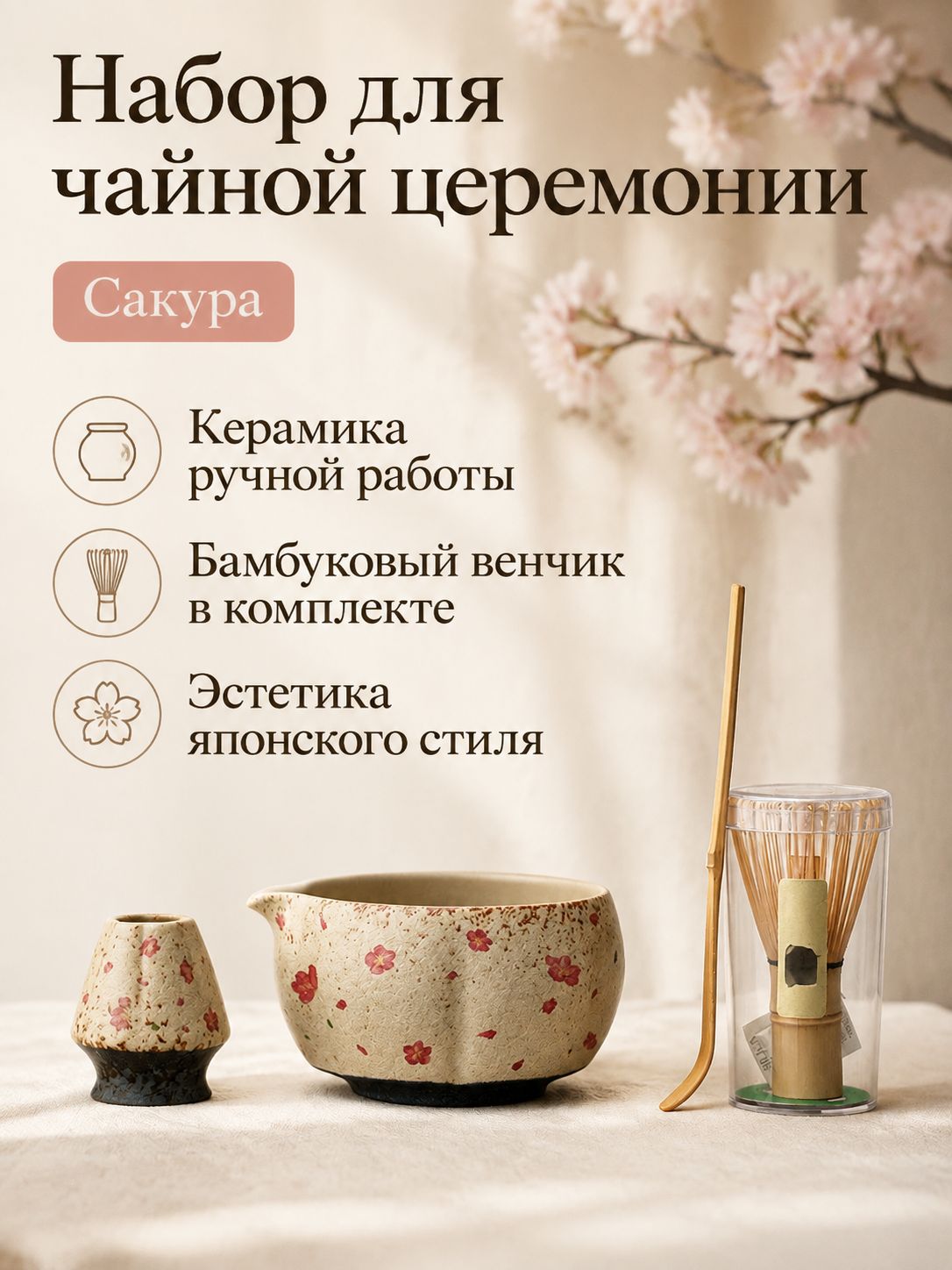 Венчик для чая матча: чаша, сифон, черпак и банка, керамика, огненно-красная с рисунком Сакура
