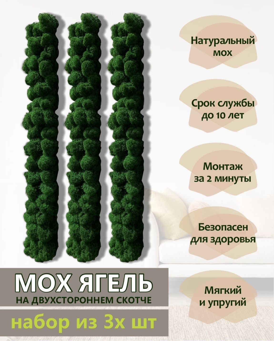 Лента / полоска из стабилизированного мха Ягель, настенное Панно размер 50*6 см, для озеленения интерьера. Набор из трех штук.