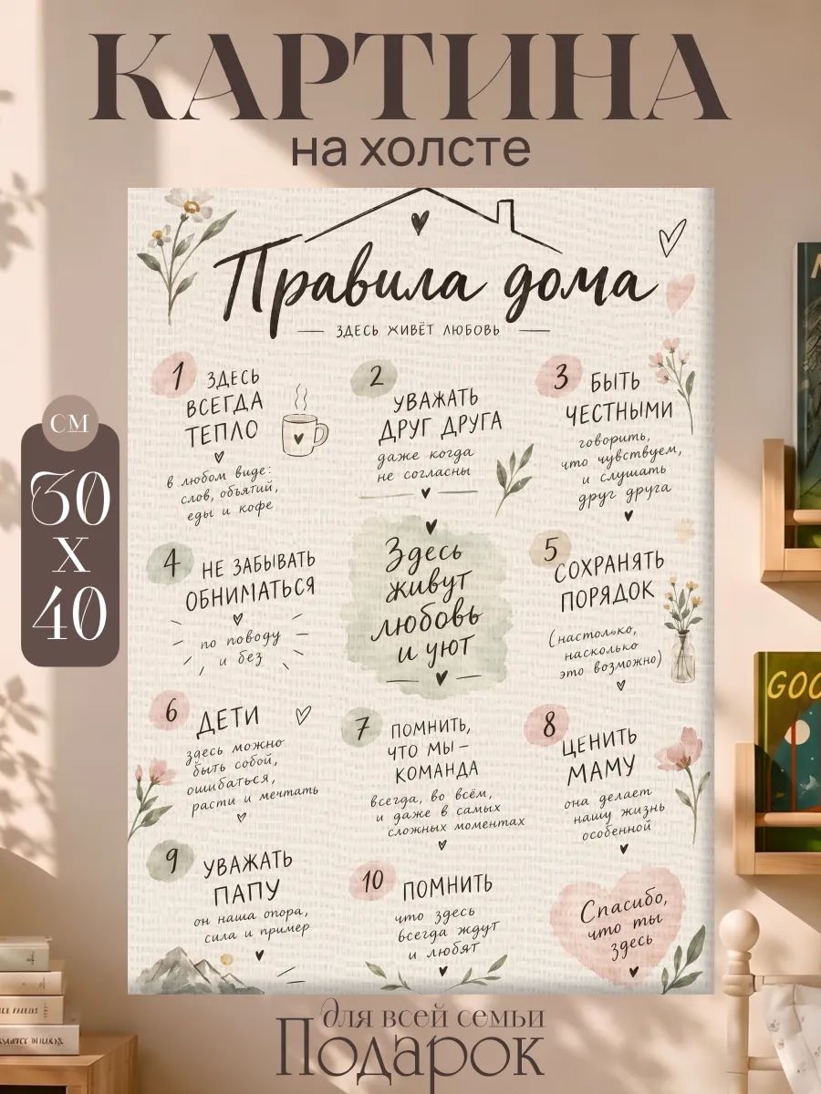 Картина на стену для интерьера 30х40 Правила дома