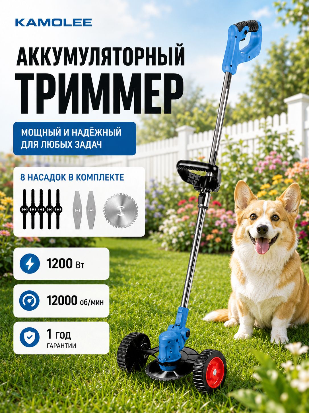 Kamolee Садовый триммер аккумуляторный, садовый инструмент для ухода за травой и кустарником на участке