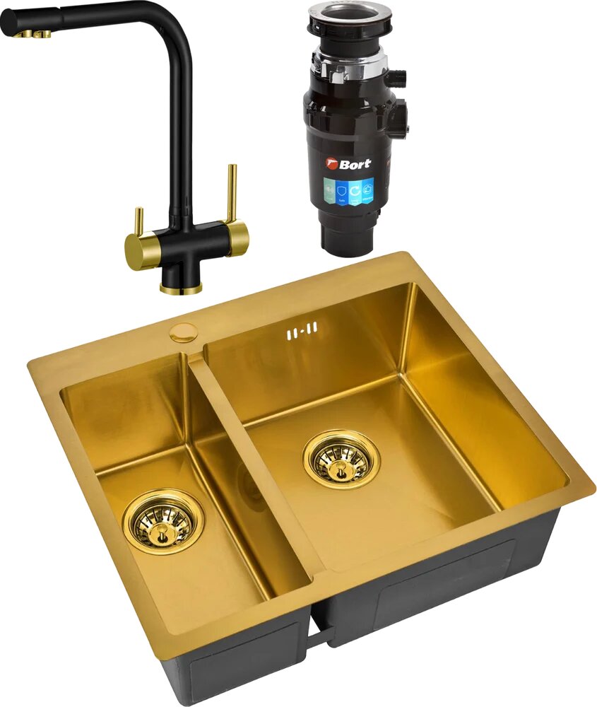 Комплект Мойка Zorg Inox PVD SZR-59-2-51-R BRONZE 59x51, bronze, нержавеющая сталь / Смеситель Sanitary ZR 348 YF BLACK BRONZE черный, бронза / Измельчитель Bort Master Eco 91275752 электрический, нер
