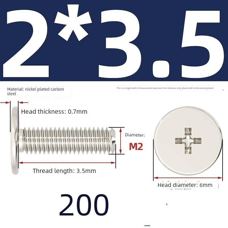 Никелевое покрытие плоская головка винт M2x3.5мм, диаметр головки 6мм, точный крепеж для тонкой сборки