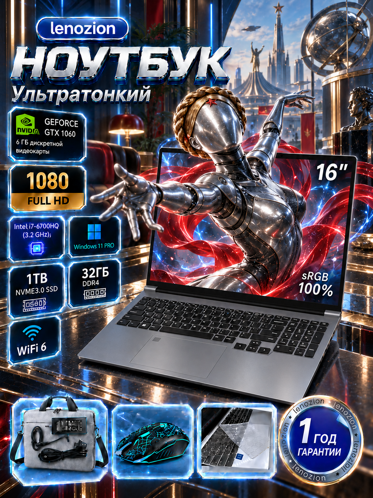 Lenozon ноутбук nгровой 16", Intel Core i7-6700HQ, RAM 32 ГБ, SSD1024 ГБ, Видеокарта GTX 1060 6 ГБ, Экран 1920*1080