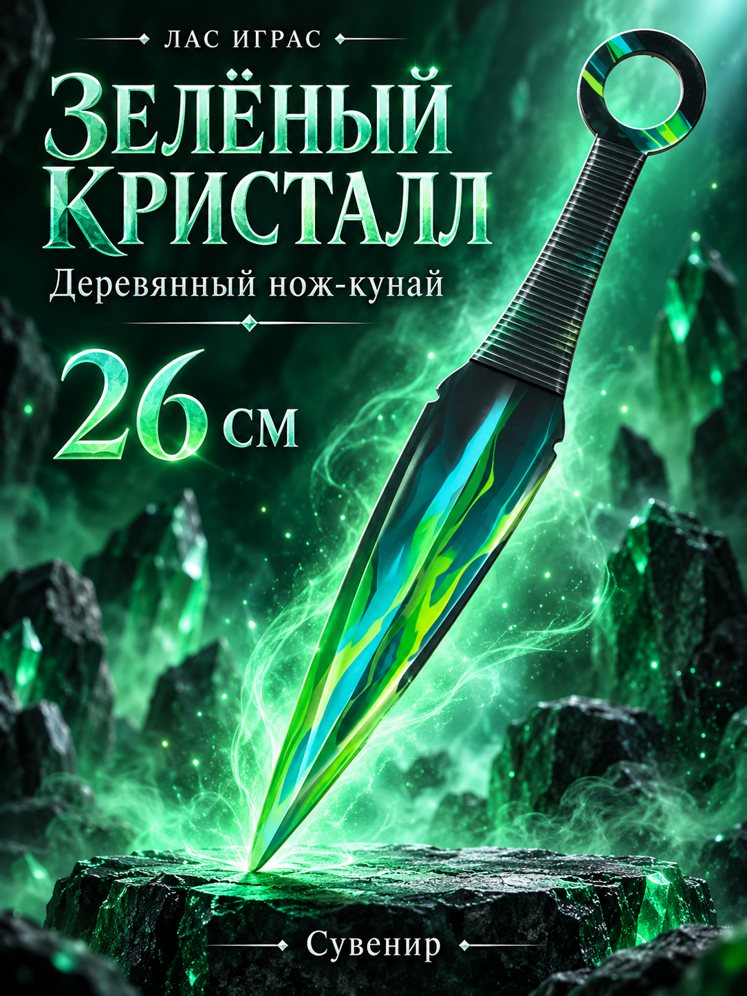 Сувенир деревянный нож кунай ЛАС играс "Зеленый кристалл", 26 см
