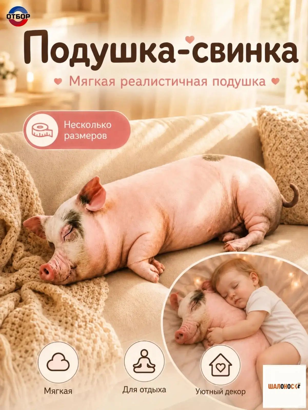 Реалистичная подушка-свинья 60 см, мягкая плюшевая игрушка поросёнок для сна, дивана и подарка