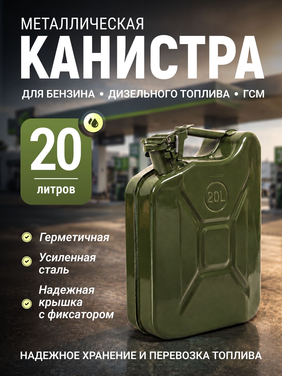 Канистра для бензина металлическая 20 л, стальная канистра для топлива и ГСМ, герметичная, усиленная, автомобильная с фиксатором крышки